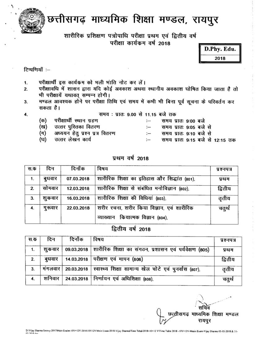 Time Table for D.Phy. Edu CG Board - Chhattisgarh (CGBSE)