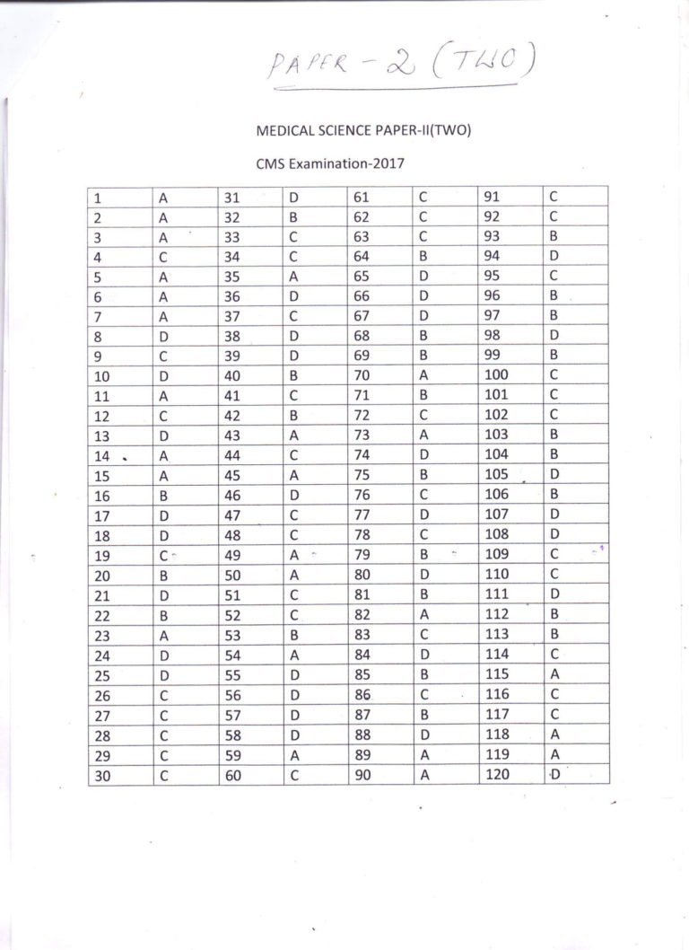 CMS Answer Keys Medical Science Paper 1 2017 PDF Download Combined ...