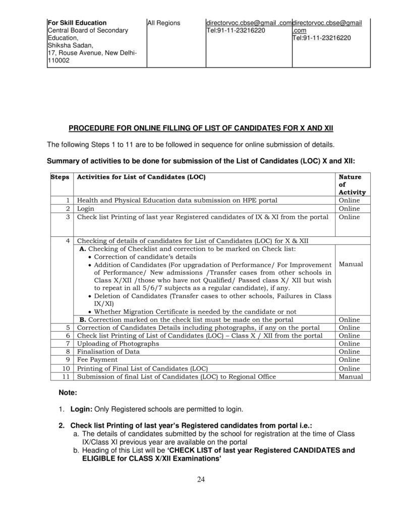 CBSE Board Registration for Class 10, 12 2019 - Online LOC