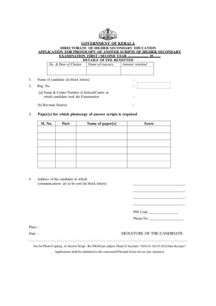 Examination Forms for Kerala Board Class 10, 12 - DHSE Downloads First ...