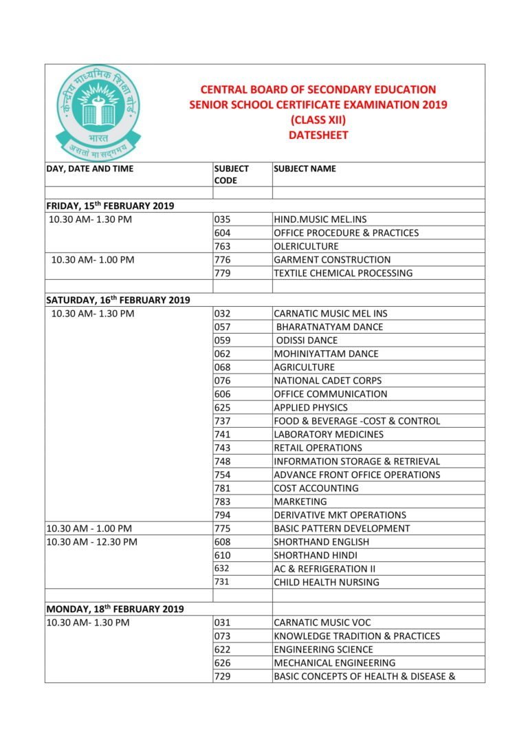 CBSE Class 12 Date Sheet For Board Exams 2019 Revised