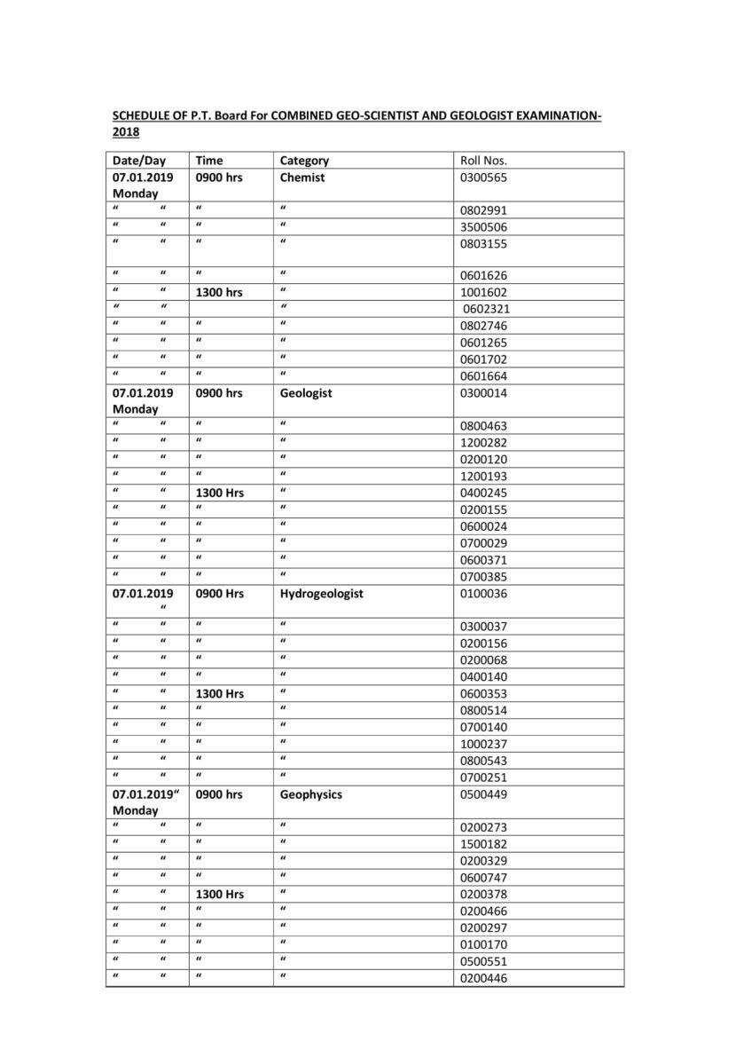 Interview Schedule Combined Geo Scientist and Geologist Exam 2018