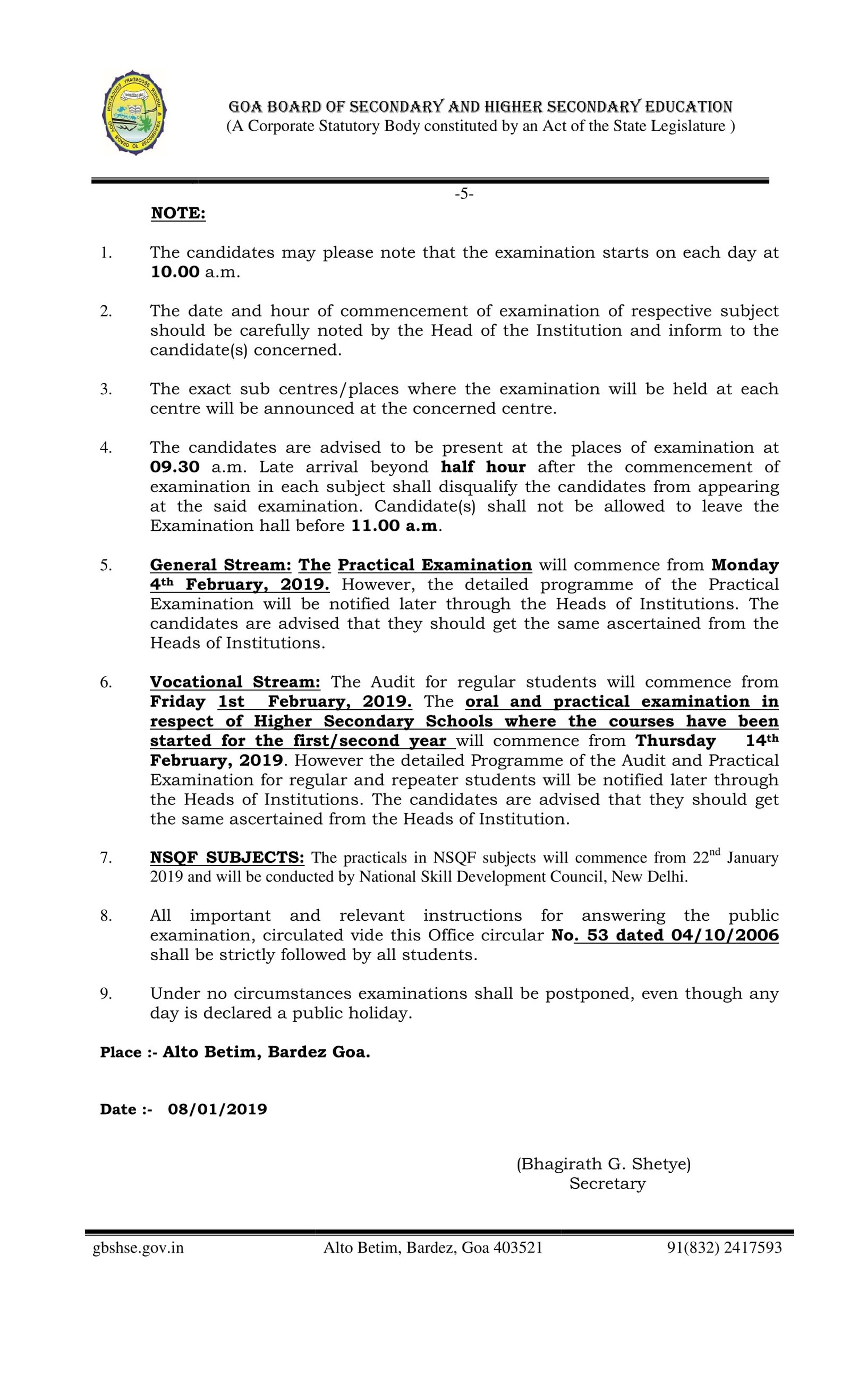 Goa Board HSSC Final Time Table 2019, GBSHSE 12th Date Sheet - Released