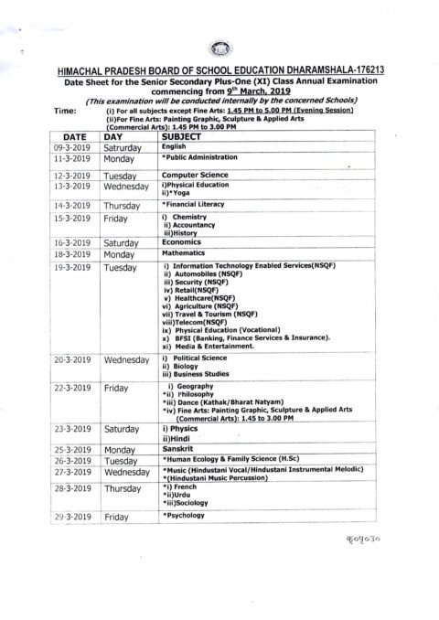 HPBOSE Class 11 Date Sheet 2019, hpbose.org Plus 1 Exam Notification