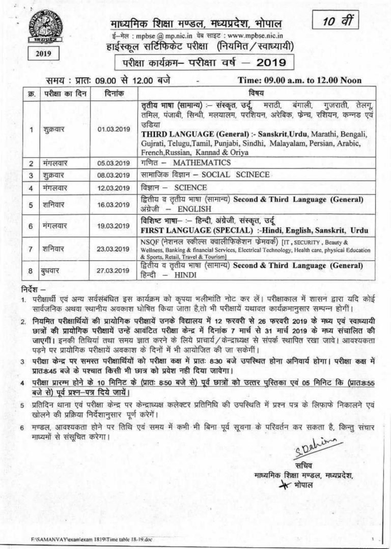 MPBSE Class 10 Time Table 2019, MP Board SSC Time Table