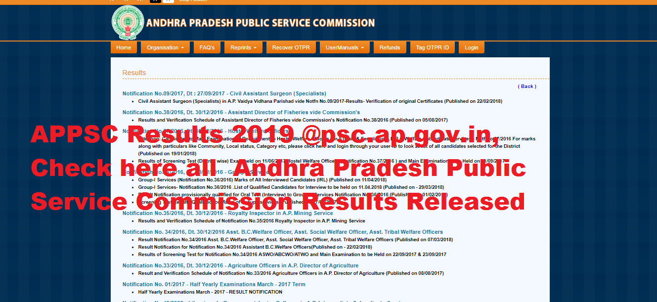 APPSC Results, Released Andhra Pradesh Public Service Commission Results