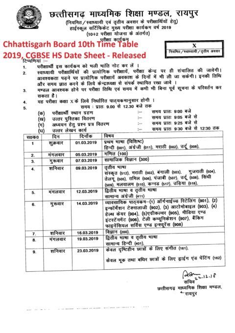 CG Board 10th Time Table 2019, CGBSE HS Date Sheet - Released