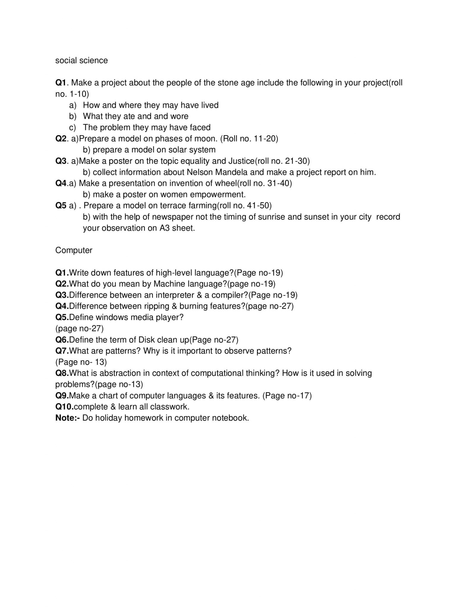 Summer Vacation Holiday Homework for Class 6