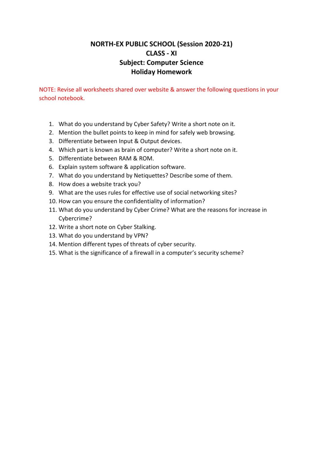 Summer Vacation Holiday Homework for Class 11