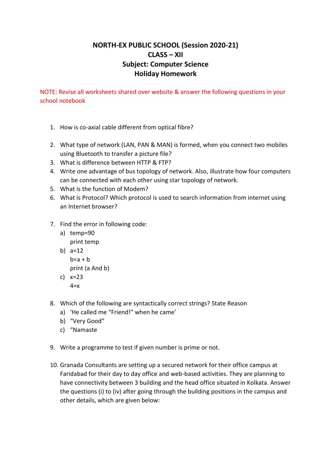 Summer Vacation Holiday Homework For Class 12