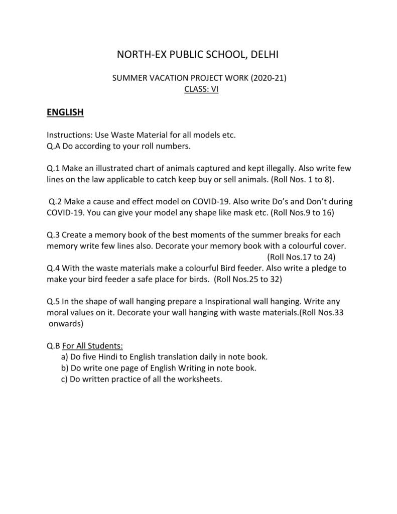 Summer Vacation Holiday Homework For Class 6 Summer Vacation Holiday Homework For Class 6