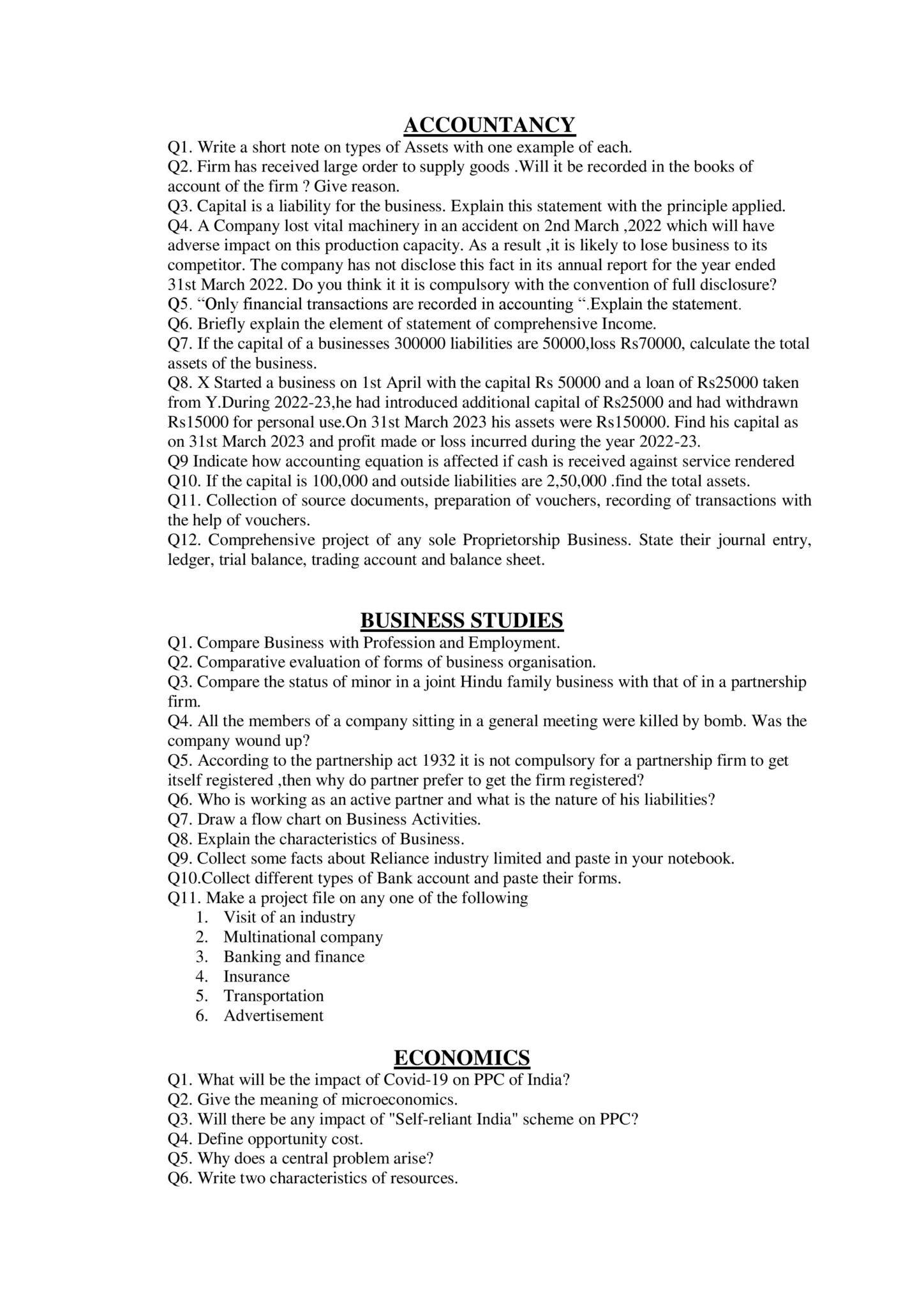 Summer Vacation Holiday Homework for Class 11