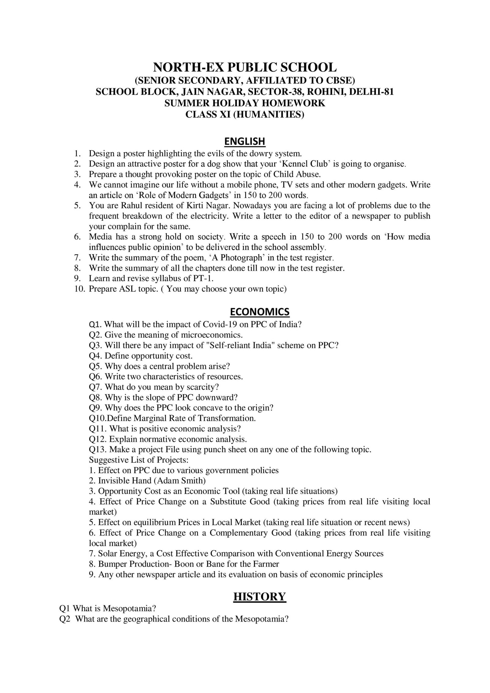 Summer Vacation Holiday Homework for Class 11