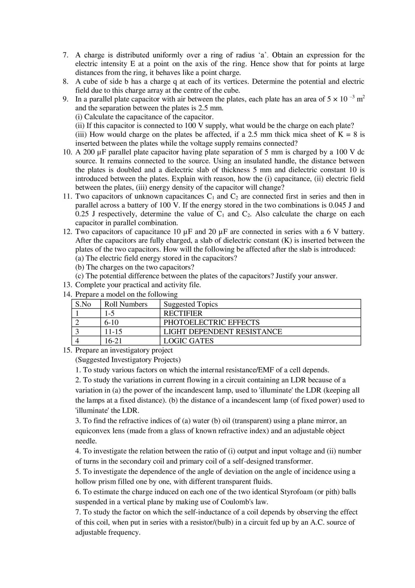 Summer Vacation Holiday Homework for Class 12