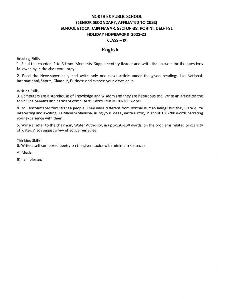 Summer Vacation Holiday Homework For Class 9 Summer Vacation Holiday Homework For Class 9