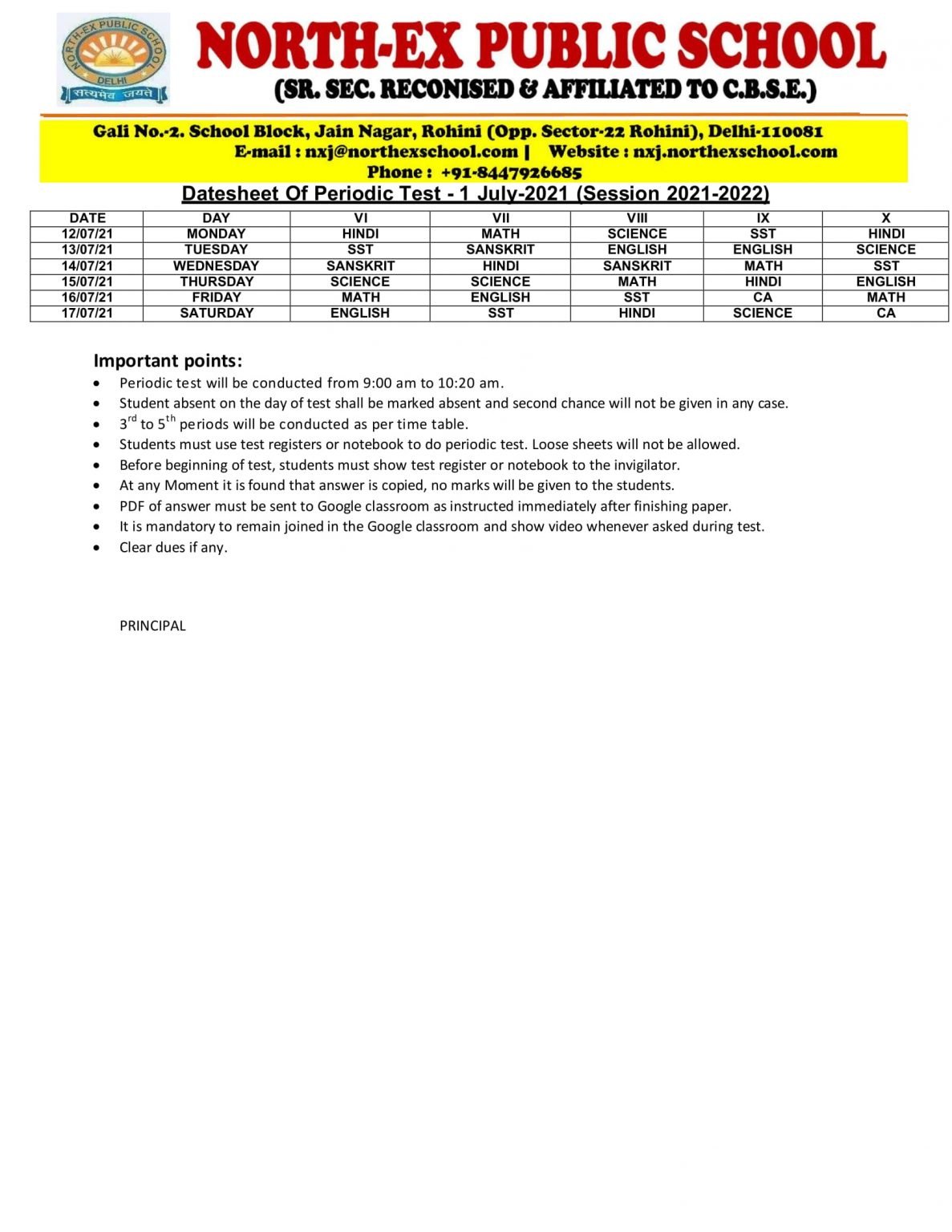 VI to X North- Ex School Date Sheet, Delhi