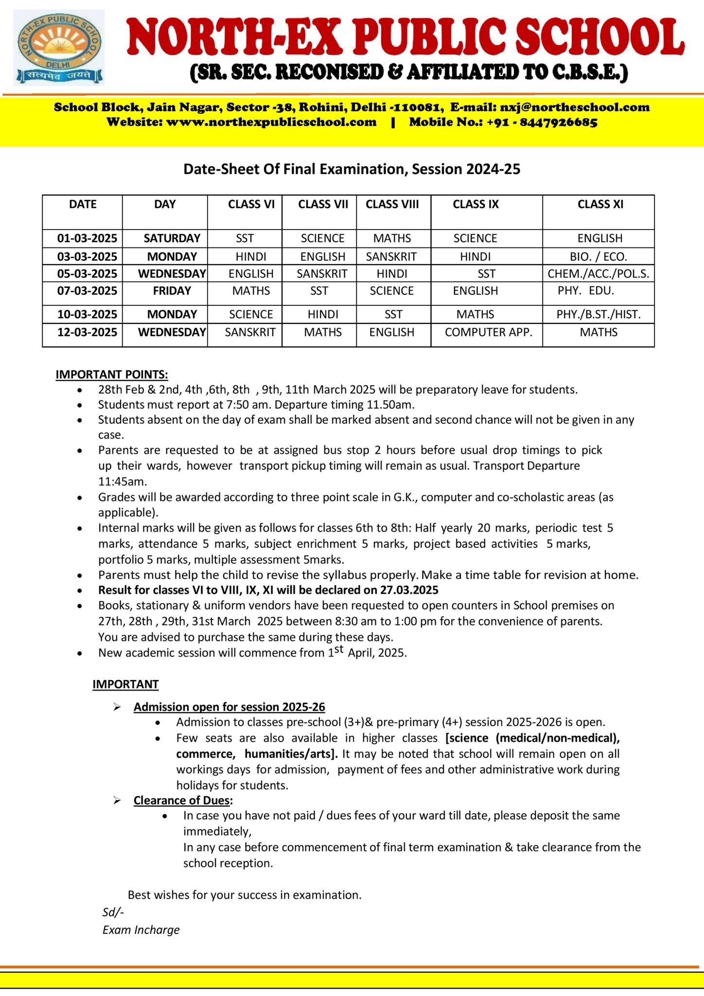 Final Term Exam Datesheet, Session 2024-2025